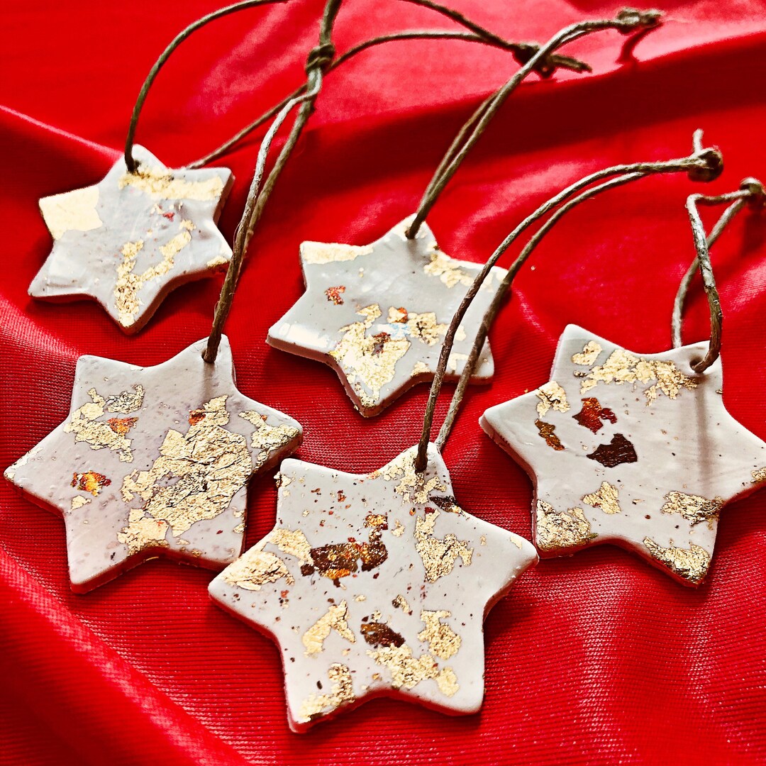 White Star Ornaments With Gold, Clay Star Ornaments Set of 5 10 ...