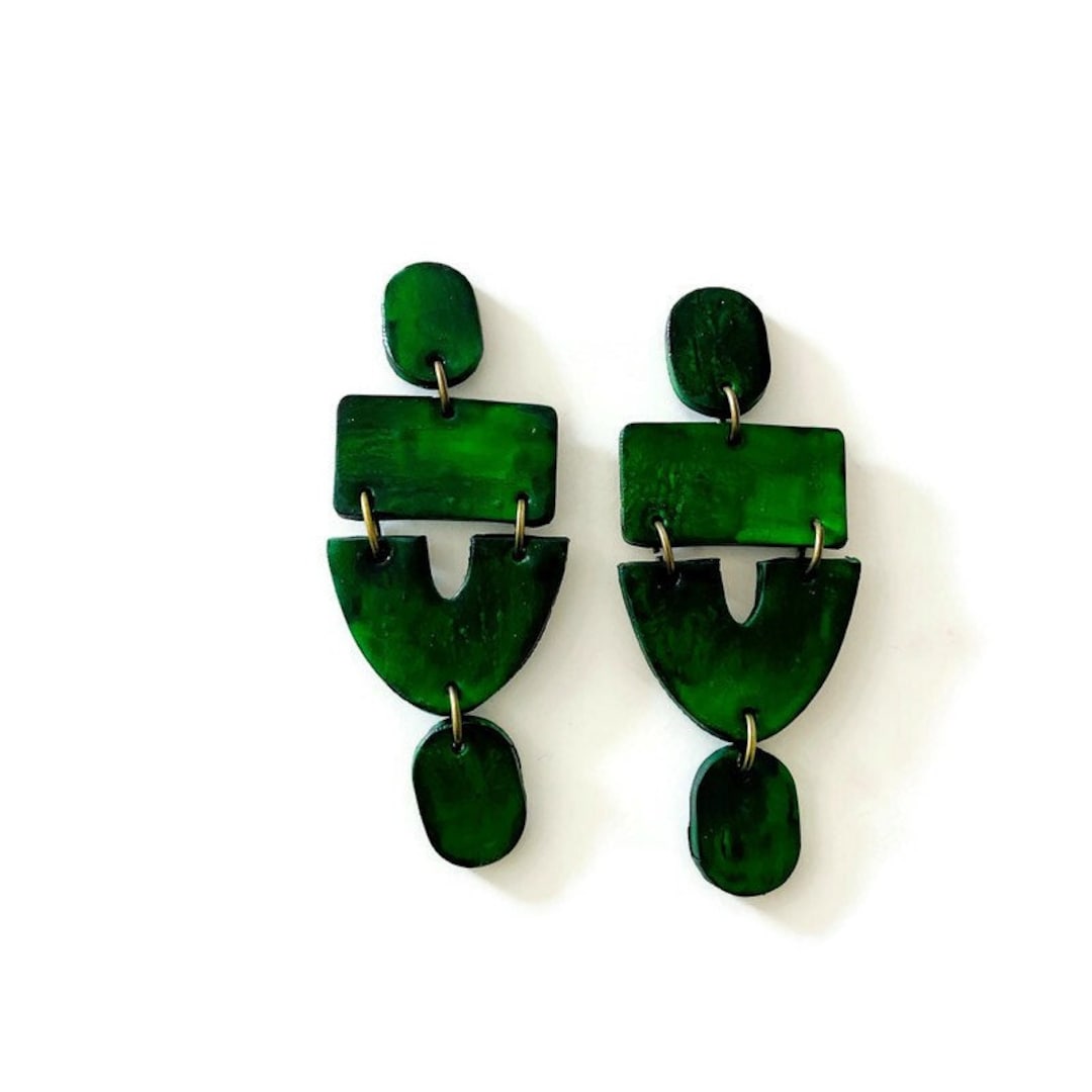 Large Forest Green Statement Earrings, Extra Long Dangles, Polymer Clay ...