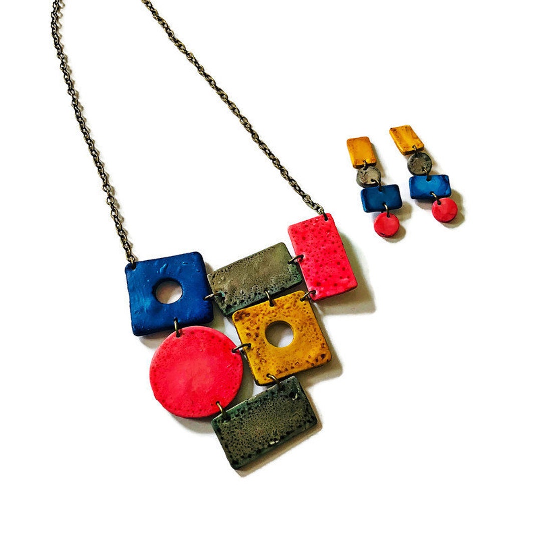 Big Chunky Jewelry Set With Wide Statement Necklace & Long Geometric ...