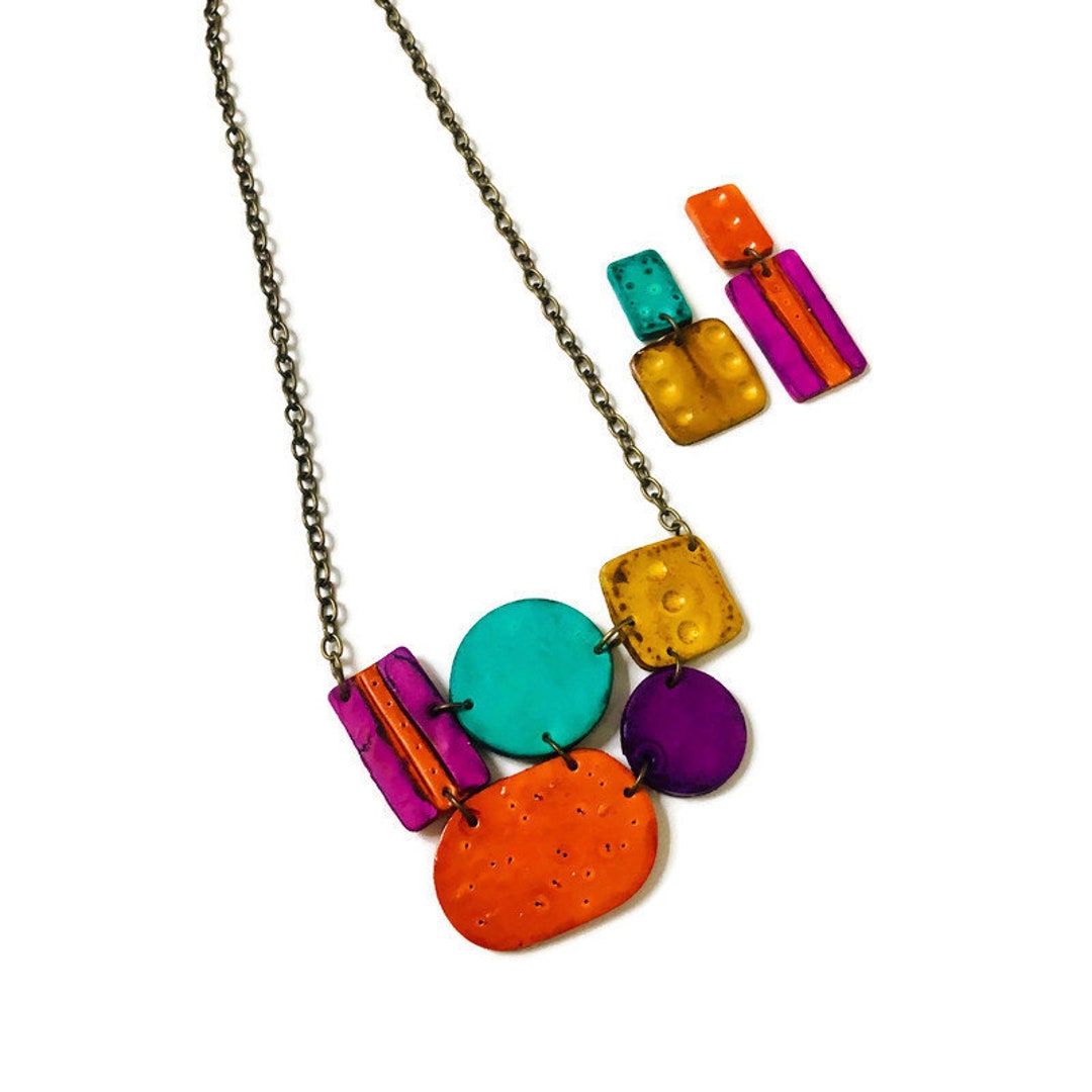 Bold Colorful Retro Jewelry Set With Geometric Necklace & Mismatched ...