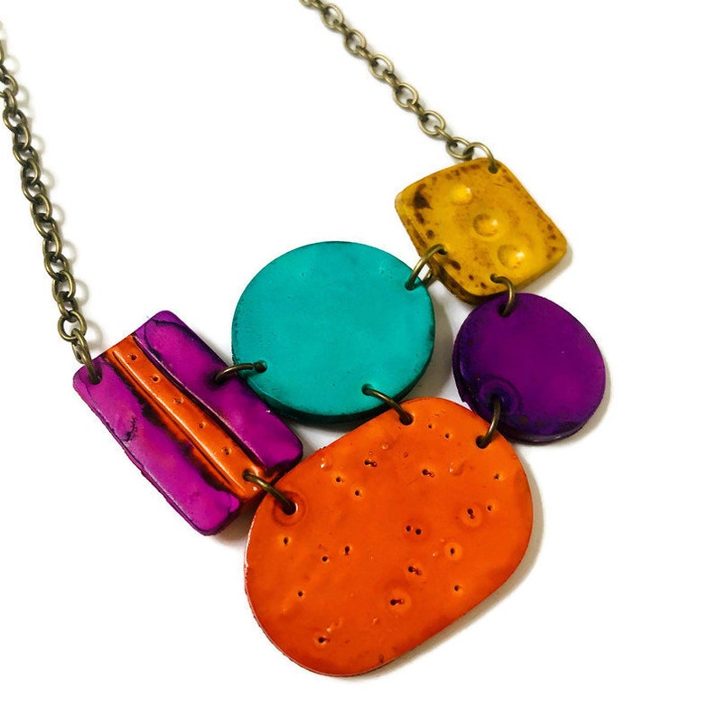 Bold Colorful Retro Jewelry Set With Geometric Necklace & Mismatched ...
