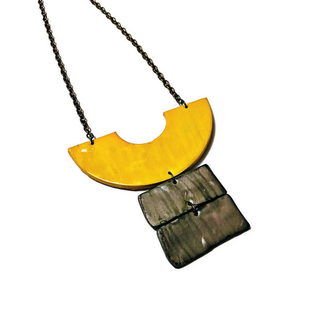 Unique Statement Necklace in Yellow & Grey, Big Bold Chunky Geometric ...