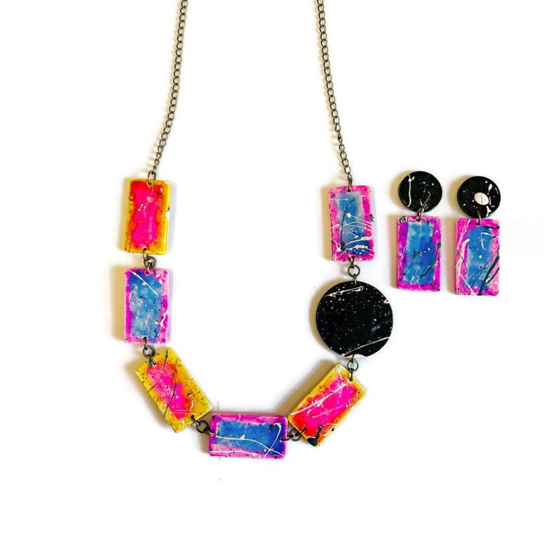 Bold Colorful Statement Jewelry Set With Beaded Necklace & Geometric ...