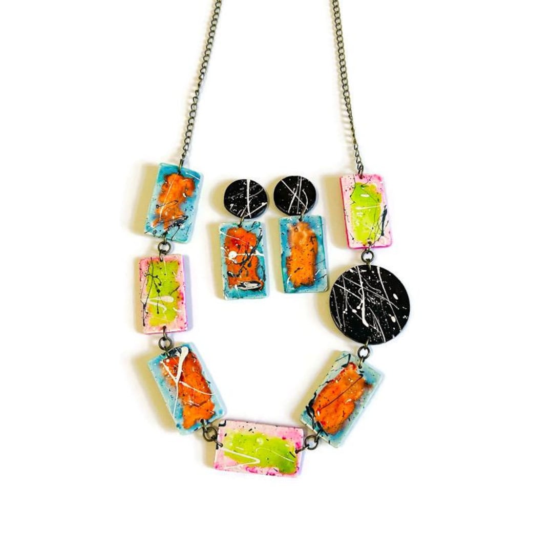 Colorful Jewelry Set With Beaded Necklace & Statement Earrings Handmade ...