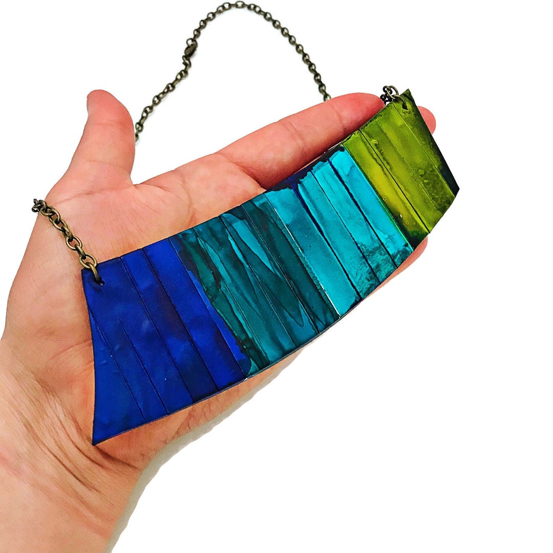 Ombre Statement Necklace With Stripes, Asymmetrical Clay Necklace, Big ...