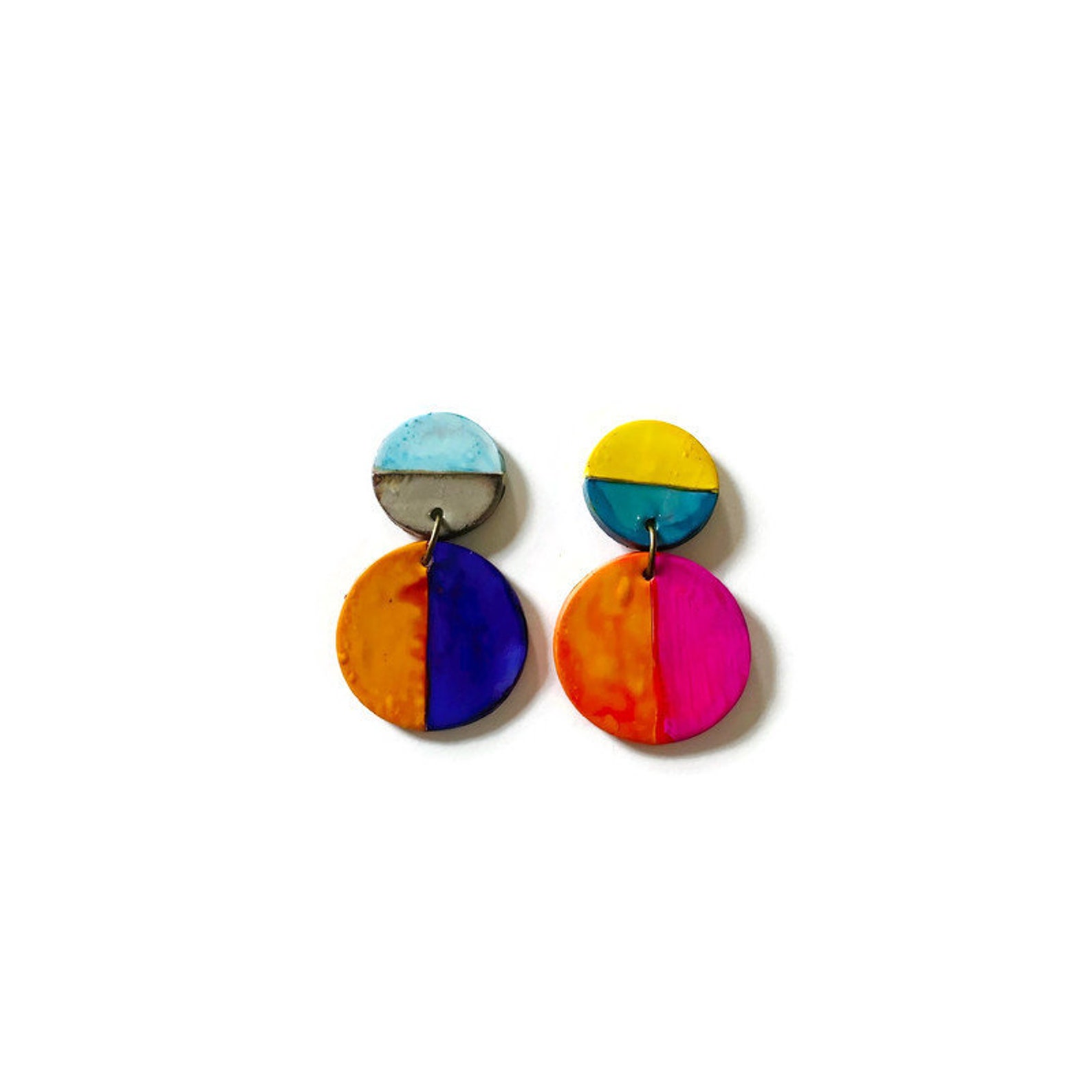Colorful Mismatched Earrings, Color Block Drop Dangles, Multi Color ...