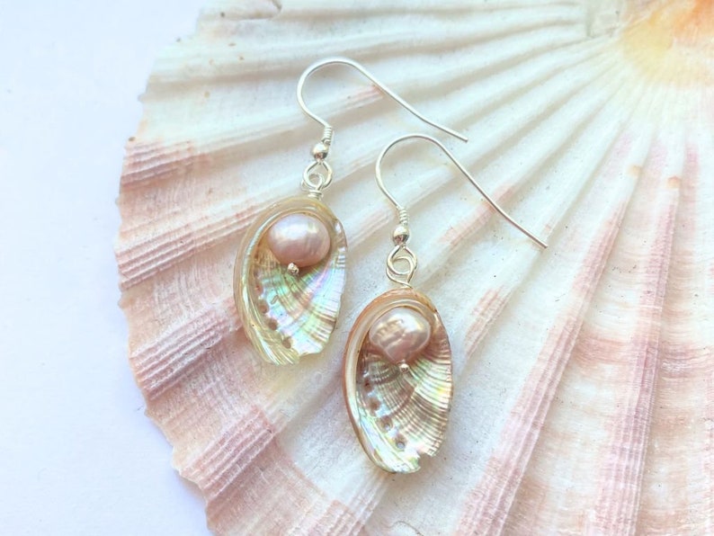 Guernsey Ormer Shell, Pink Freshwater Pearl, Hook Earrings - Etsy
