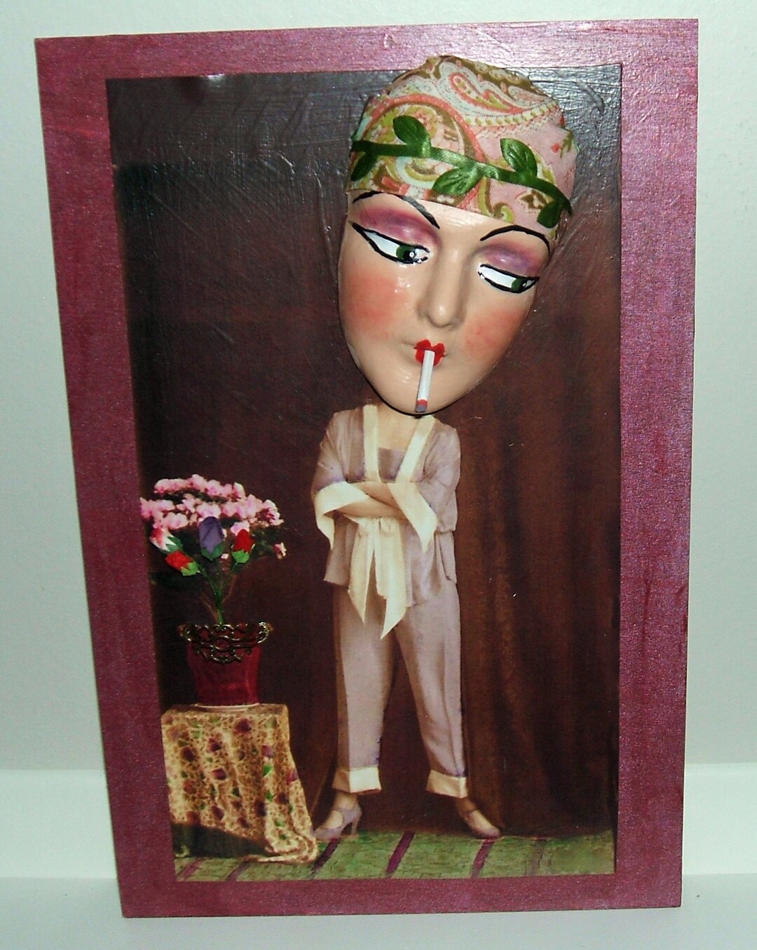 FLAPPER Boudoir Doll Lounging SMOKER Wall Plaque Hanging Assemblage ...