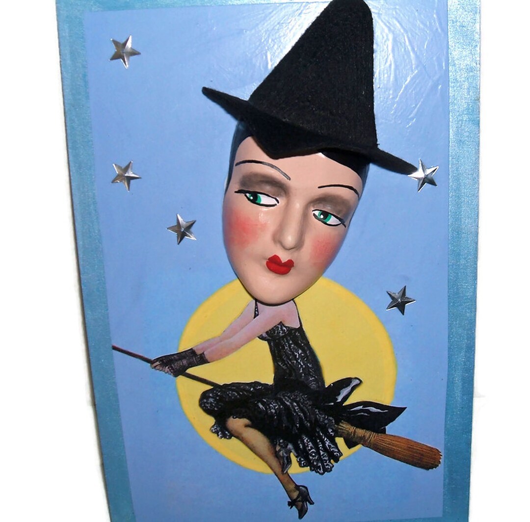FLAPPER Boudoir Doll WITCH on A Broom Wall Plaque Hanging Assemblage ...