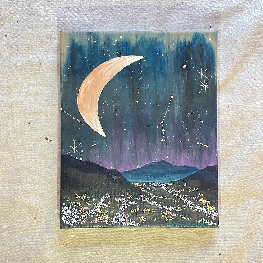 Moon Sky Painting . Moon and Stars . Abstract Moon Art . Night Sky ...