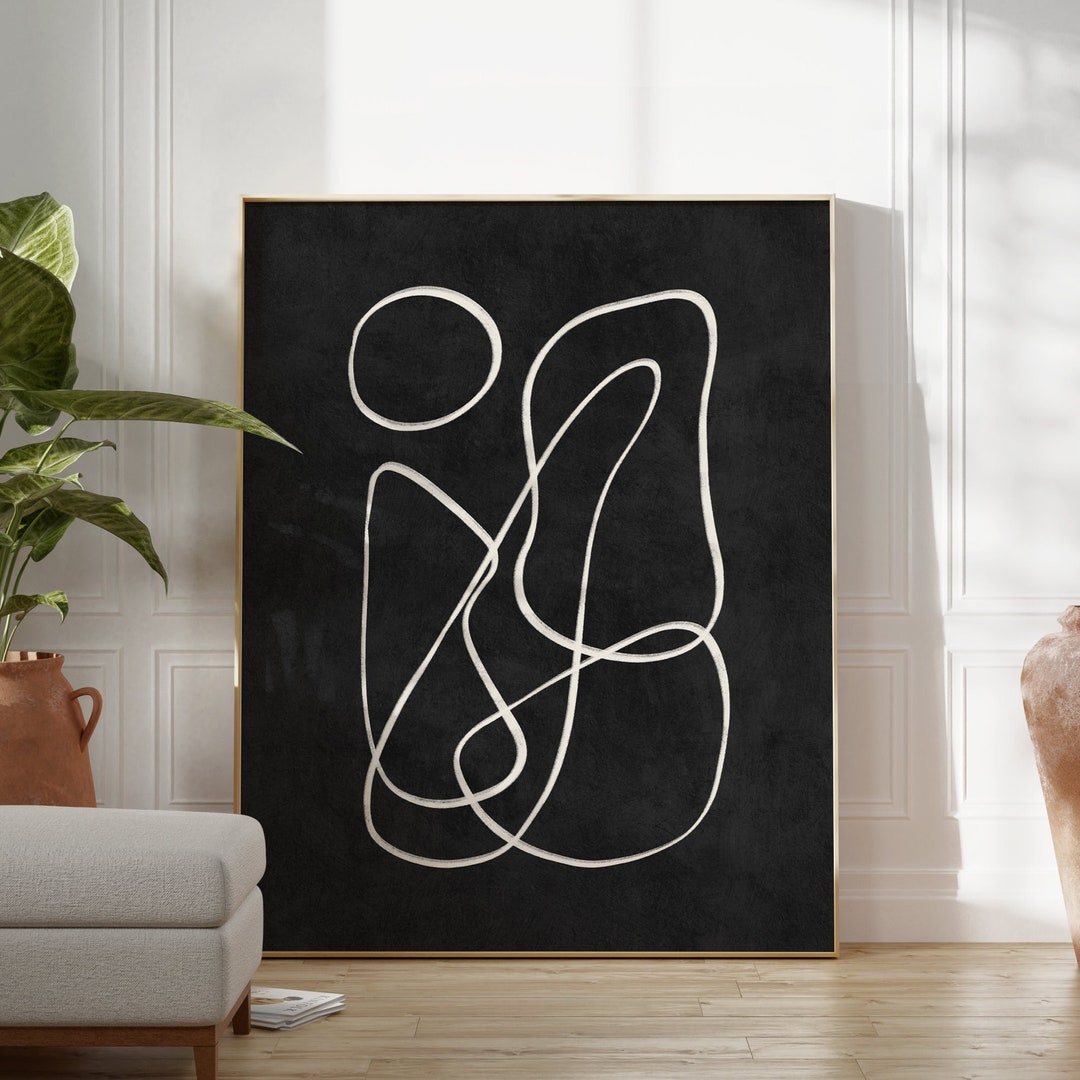 Abstract Shapes Line Art on Black Background, Black Organic Shape ...