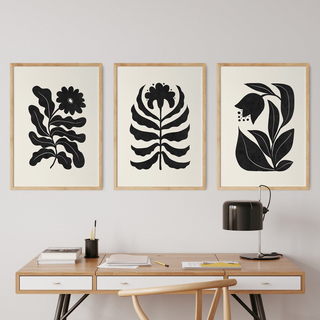 Black Botanical Gallery Wall Art Set of 3 Abstract Floral Print Set ...