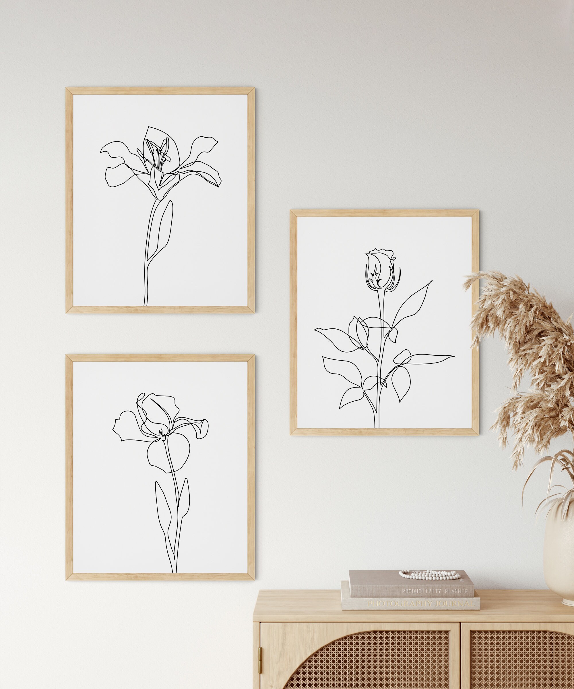 Flower Line Art Set of 3 Botanical Line Art Rose Line Drawing | Etsy