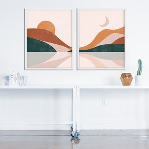 Sun and Moon Abstract Landscape, Boho Desert Sunset, Terracotta ...