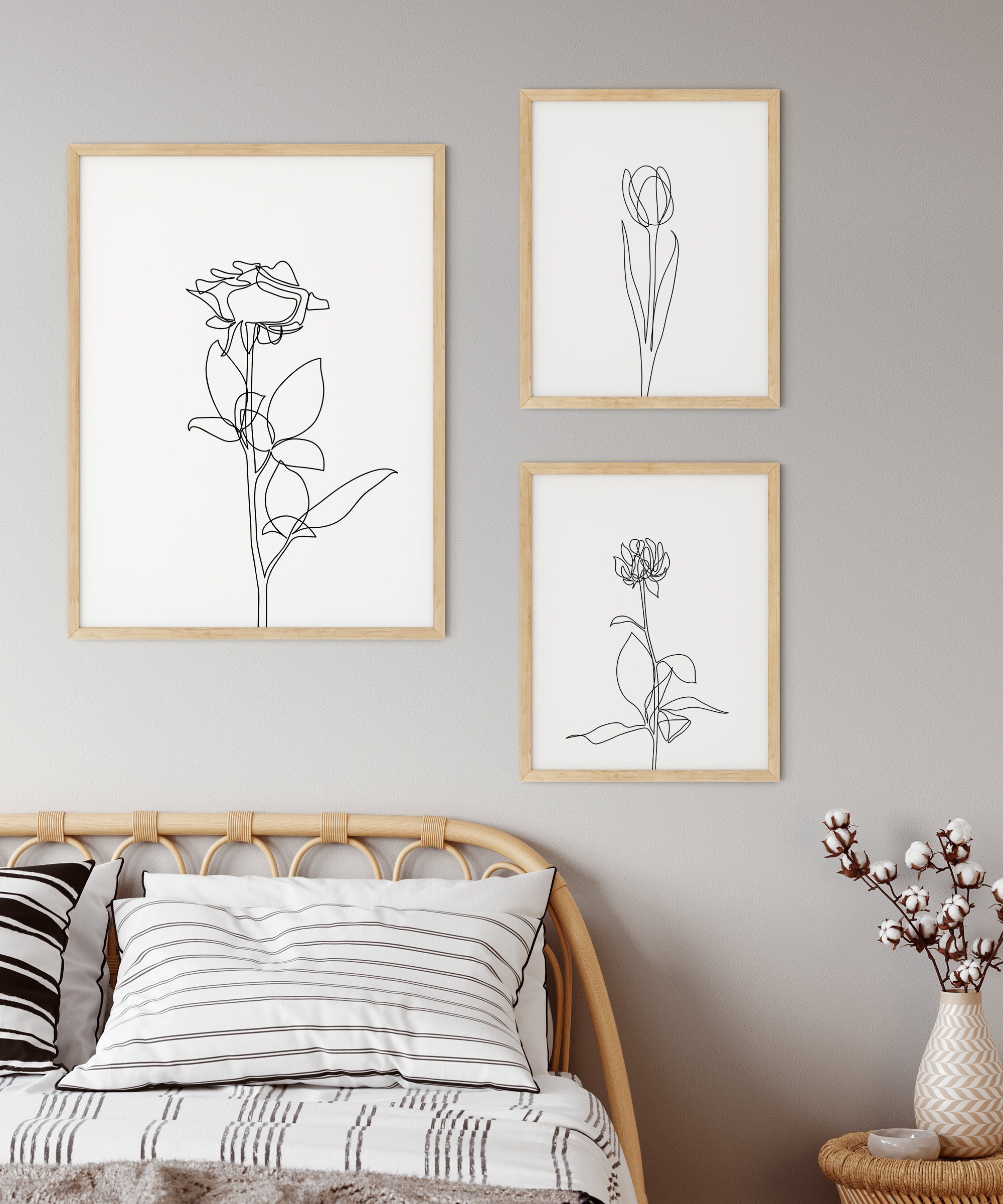 Botanical Line Art Print Set of 3, Floral One Line Drawing Printable ...