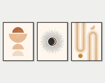 Boho Art Set of 3 Pieces Abstract Shapes Poster Bundle Mid | Etsy