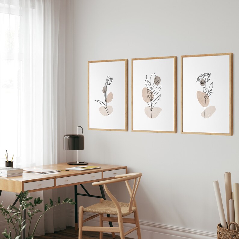 Floral Line Drawing Set of 3 Prints in Beige, Neutral Colors Wall Art ...