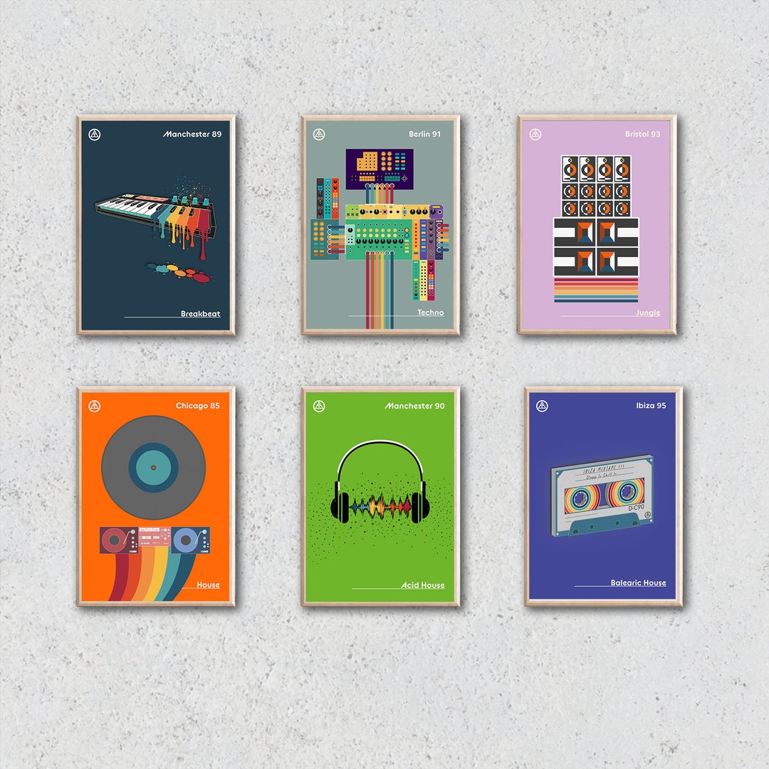 Retro Prints 80s 90s House Music & Techno 6 Set | 18x24in | Digital ...