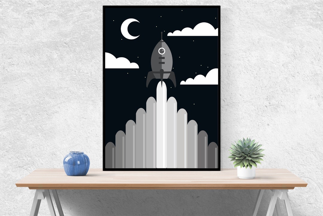 Cute Space Rocket Wall Art Retro Sci-fi Lift off Blast Night Sky Star ...