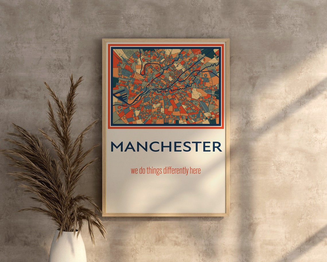 Manchester Map Wall Poster Stylised Mosaic Street Plan Red Blue Retro ...