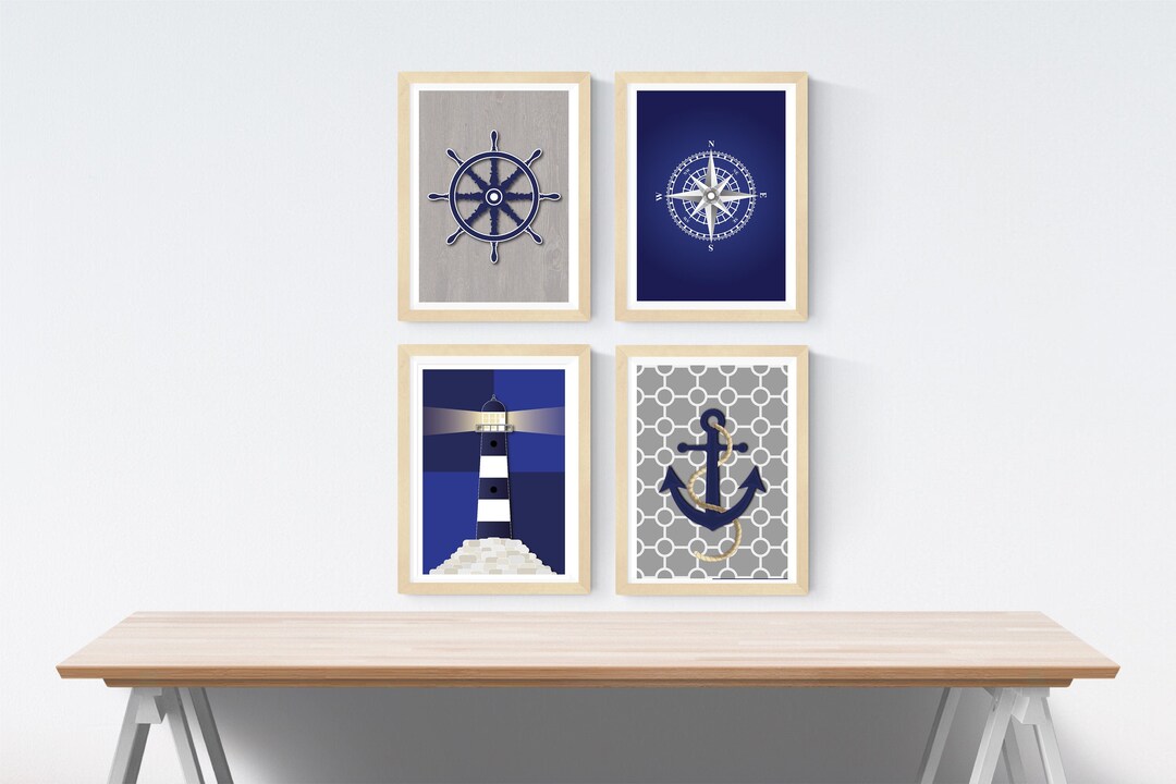 Nautical Theme Wall Art Prints 4 Piece Set Ship Wheel Compass ...
