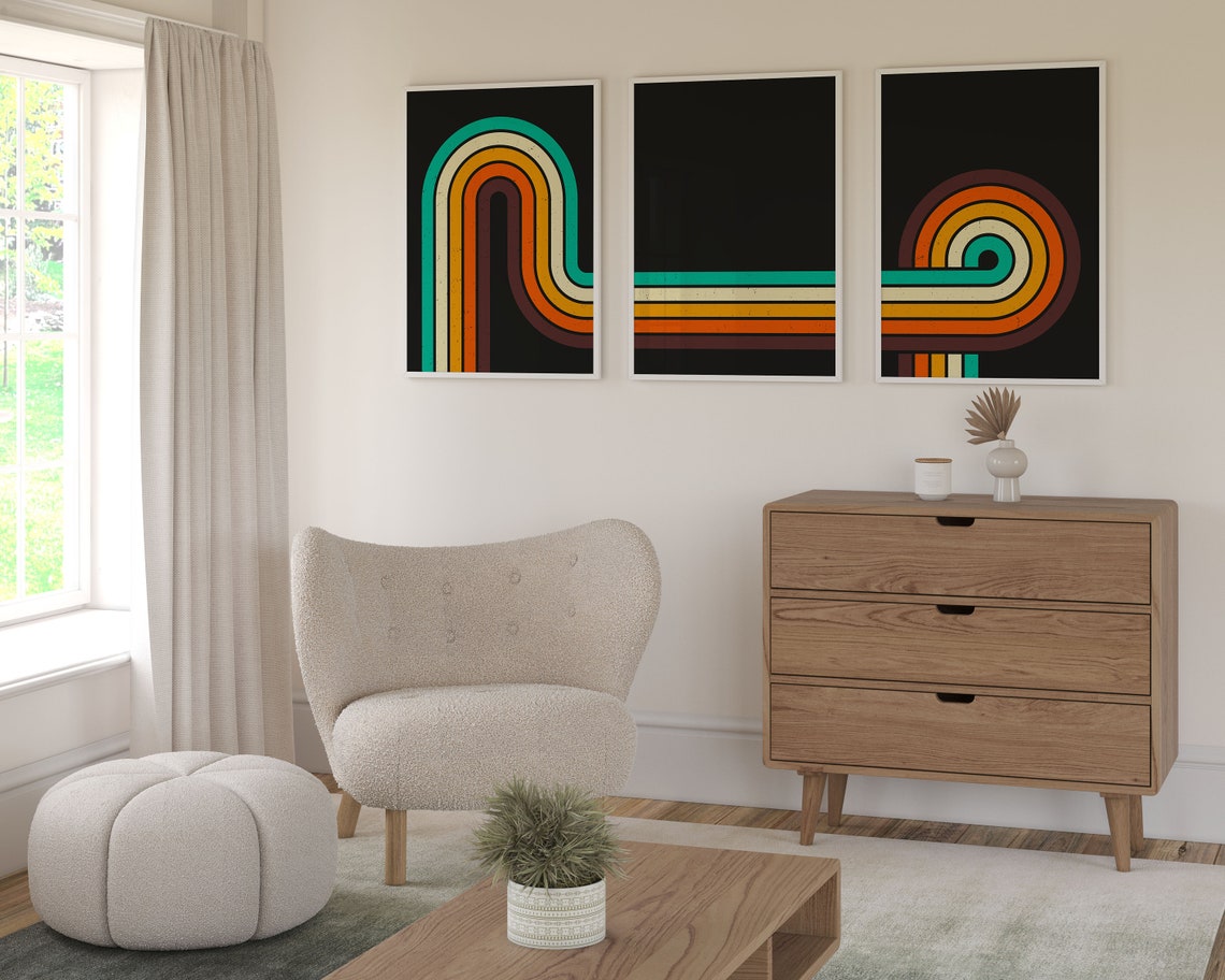 Retro 70s Style Wall Art Prints Vintage Lines 3 Piece Poster Set ...