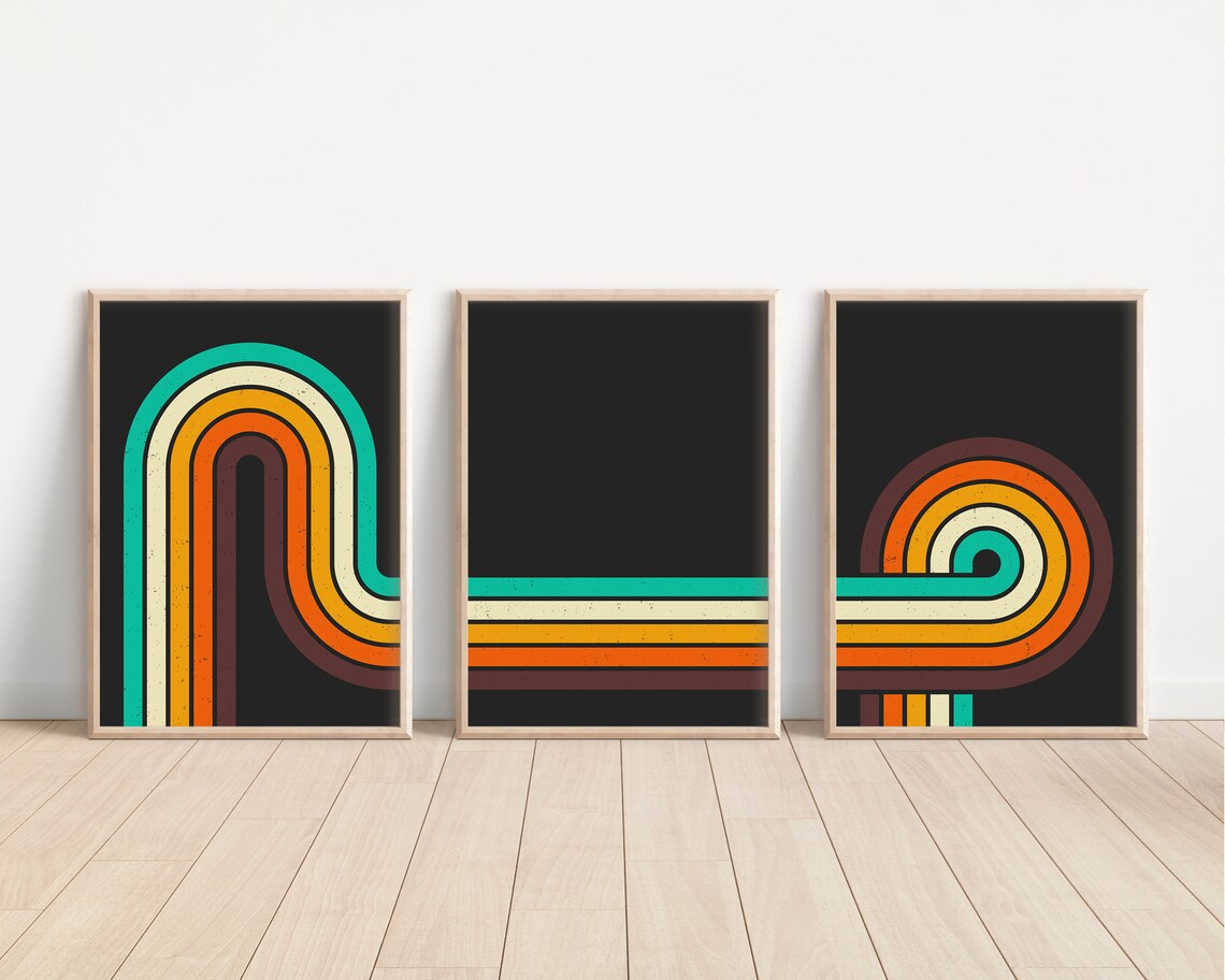Retro 70s Style Wall Art Prints Vintage Lines 3 Piece Poster Set ...