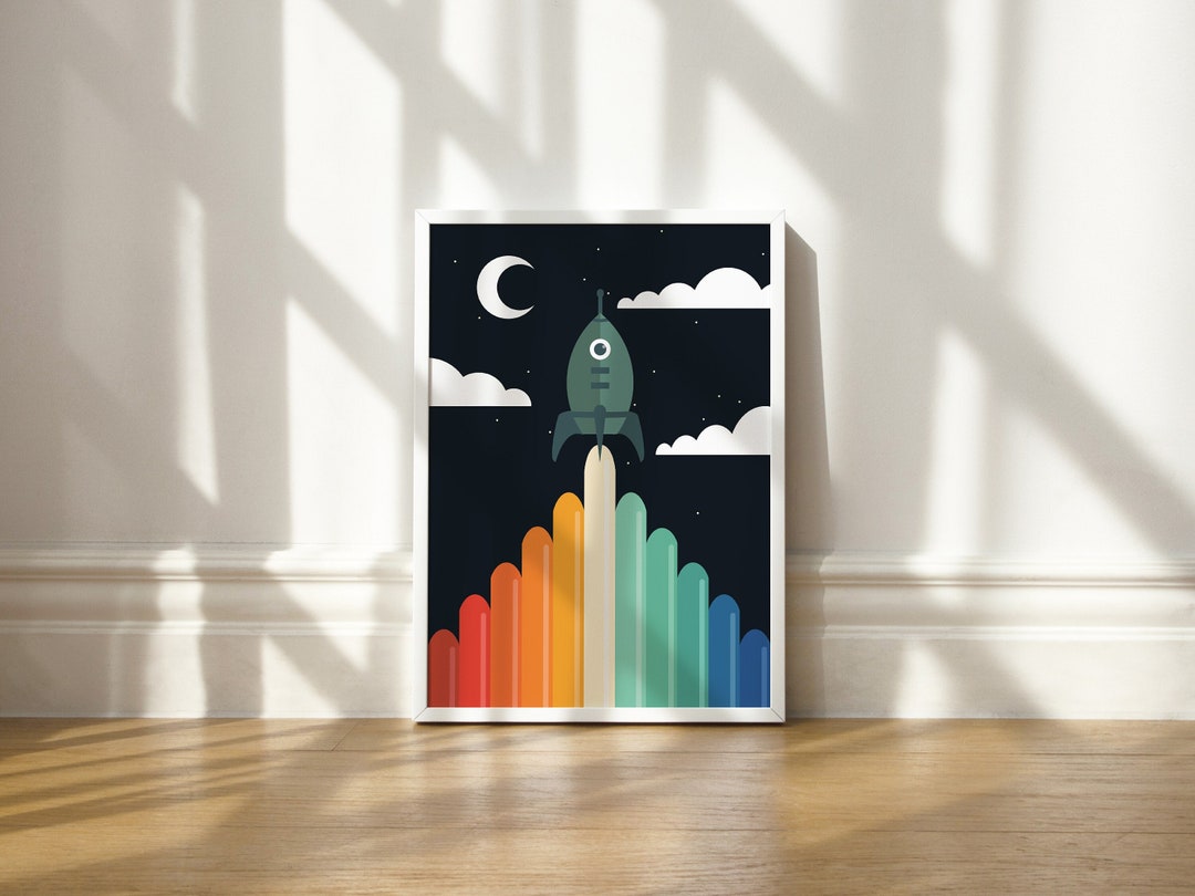 Space Rocket Wall Art | Lift off Bright Rainbow Blast | Moon Stars ...
