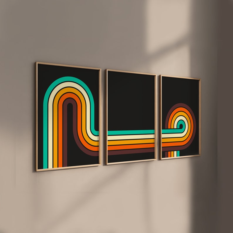 Retro 70s Style Wall Art Prints | Vintage Lines | 3 Piece Poster Set ...