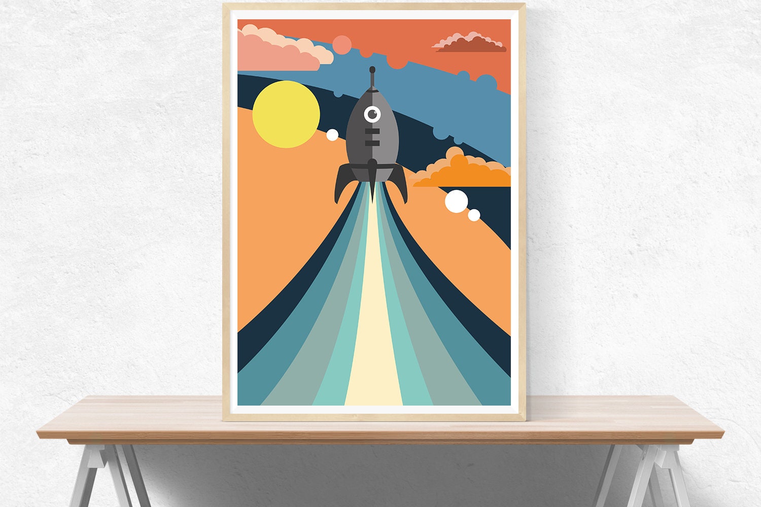 Retro Wall Art | Retro Futurism Poster | Style Space Rocket Rainbow ...