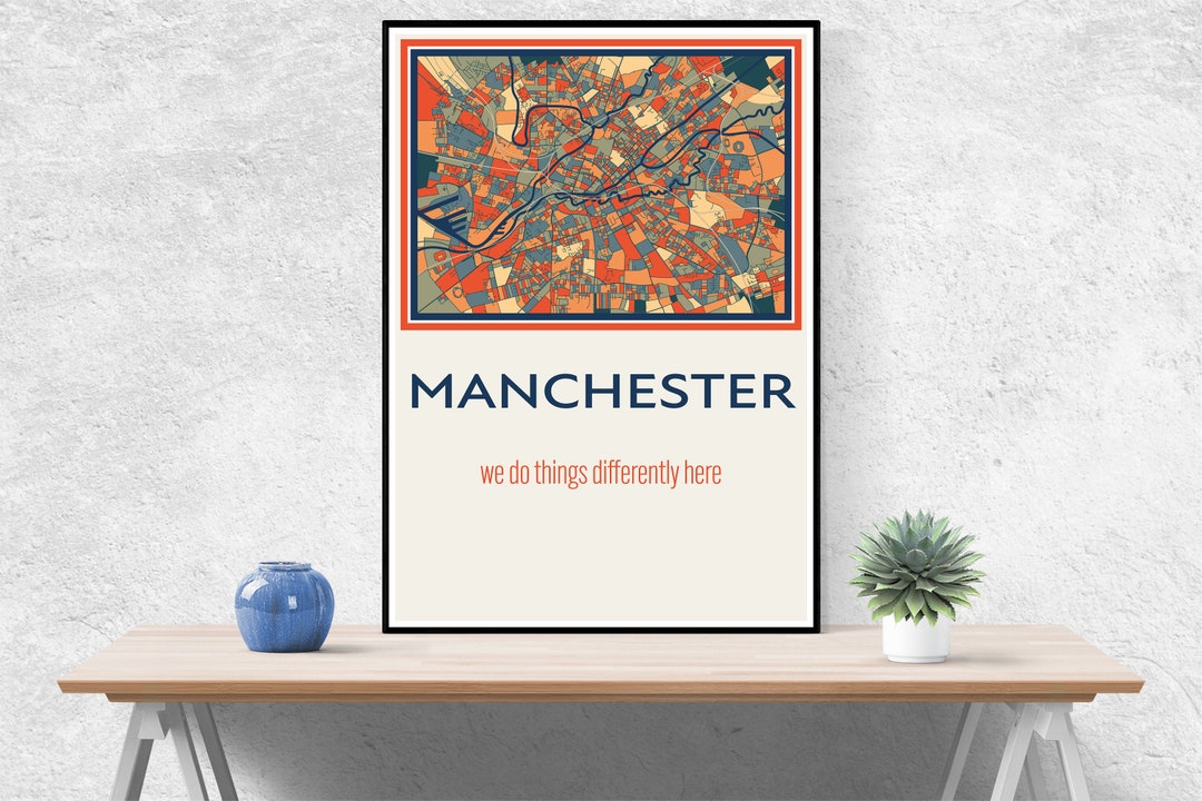 Manchester Map Poster Stylised Mosaic Street Plan | Red Blue Retro ...