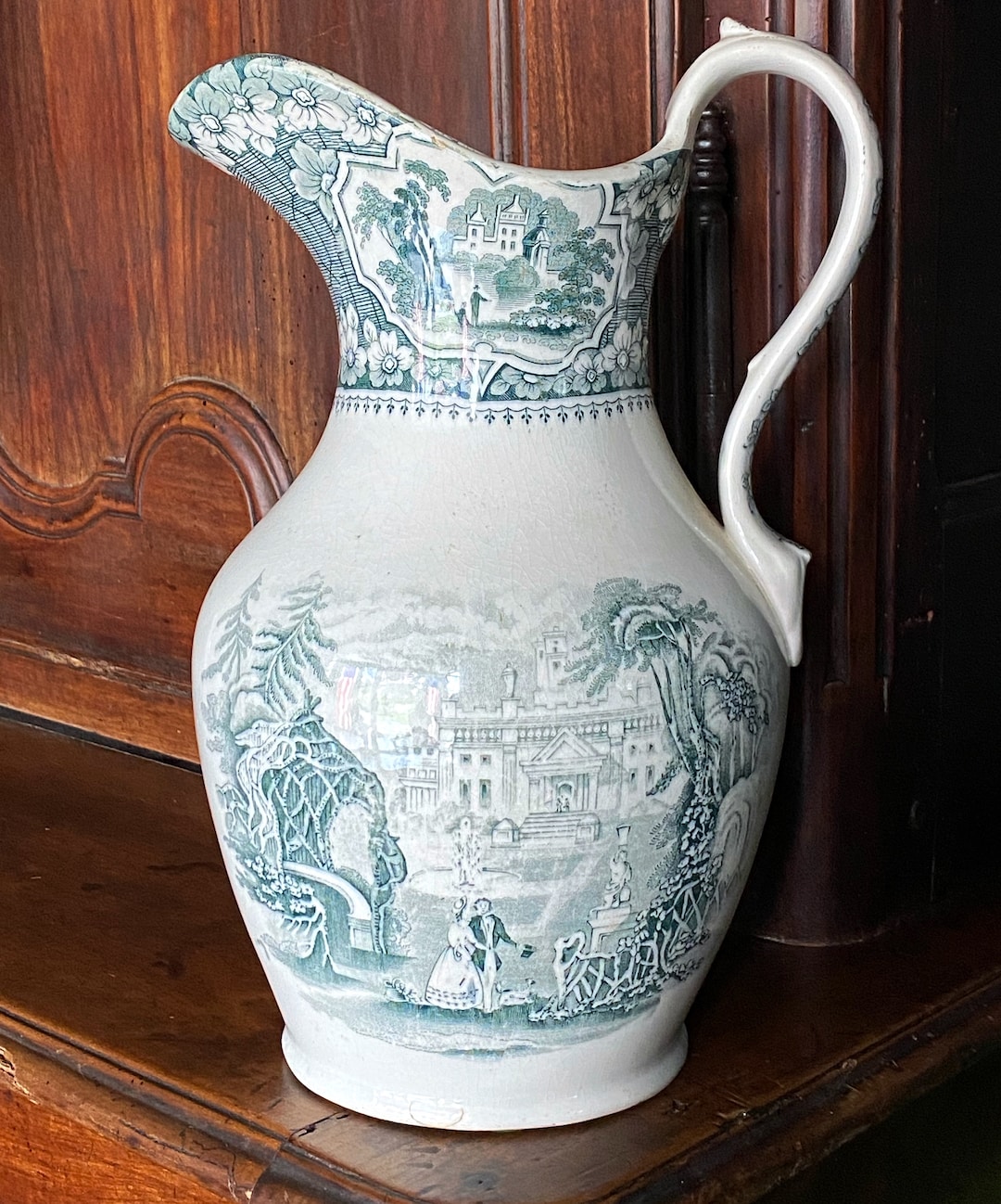 Large Antique Green Transferware Pitcher 12 - Etsy