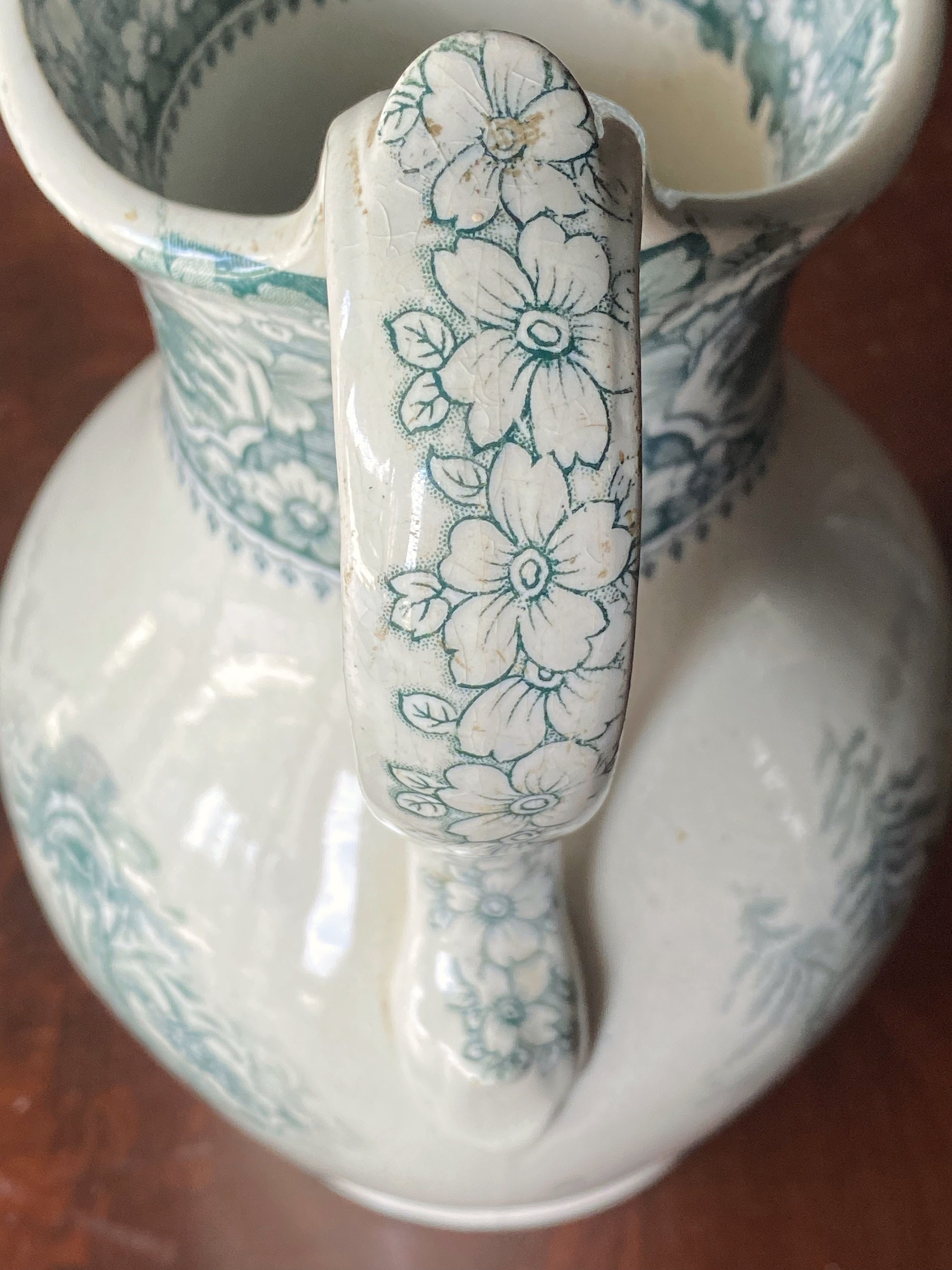 Large Antique Green Transferware Pitcher 12 - Etsy