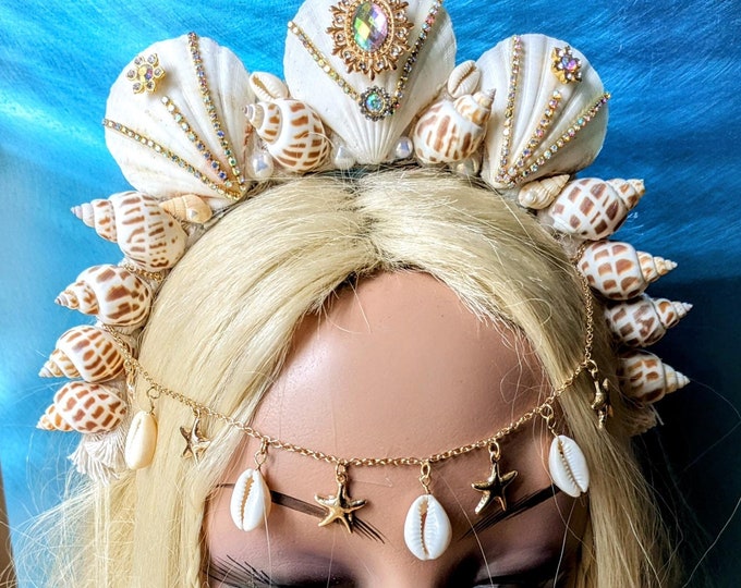 Mermaid Crown Tiara Headband Sea Shell Rhinestone Natural Raw Seashell ...