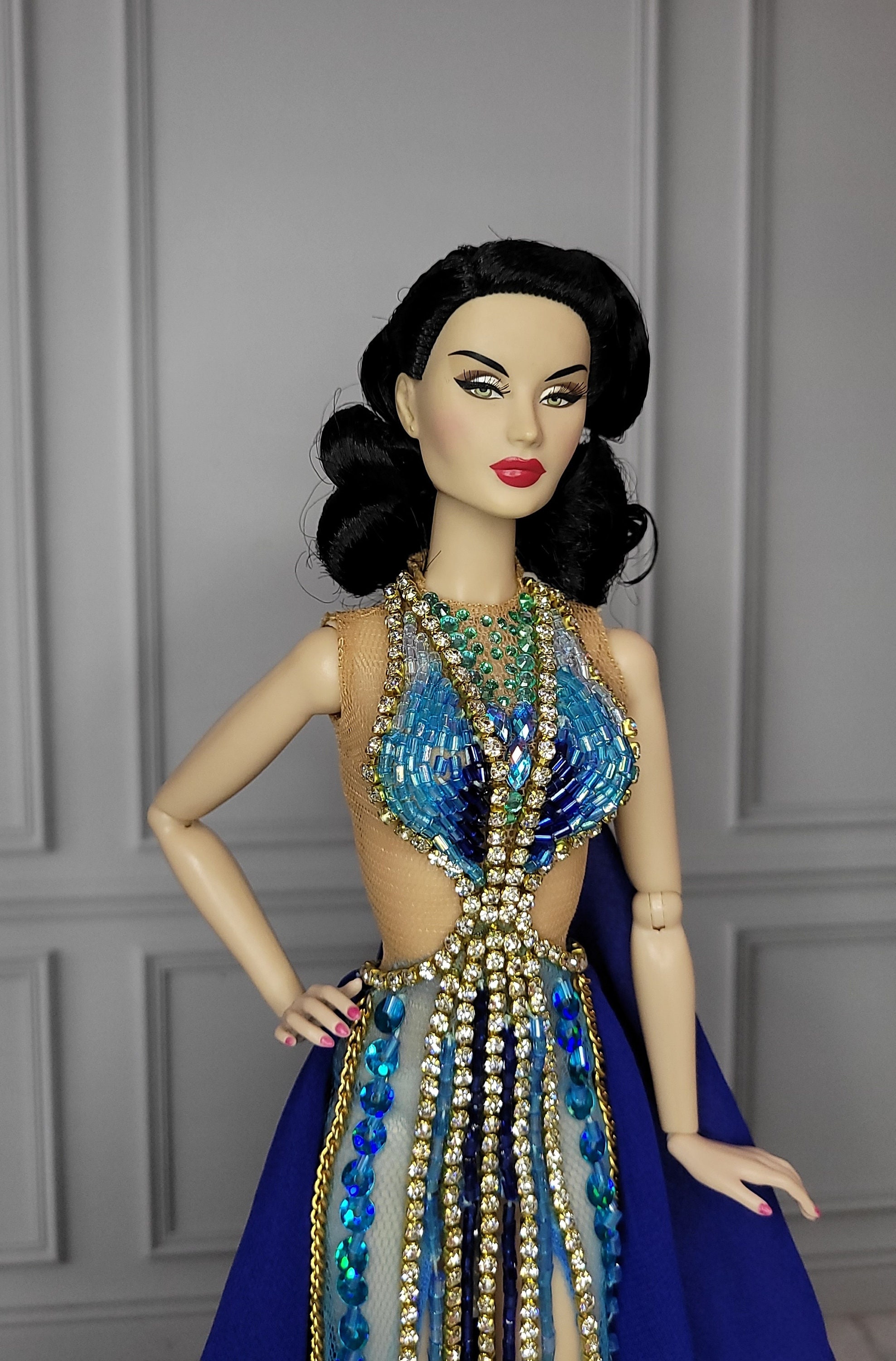 Blue Turquoise Full Beaded Diamond Rhinestones Tulle Handmade Dress ...