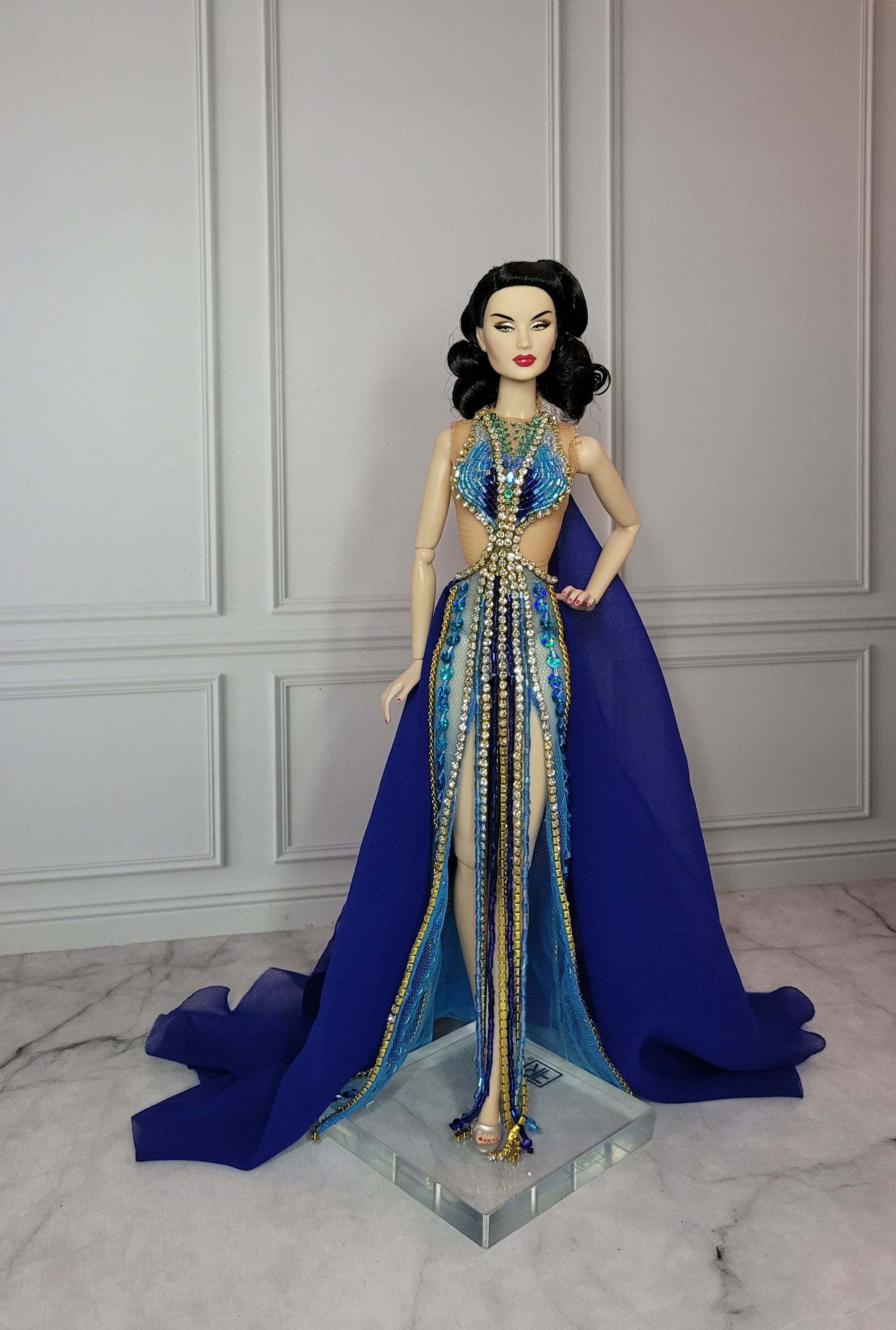 Blue Turquoise Full Beaded Diamond Rhinestones Tulle Handmade Dress ...