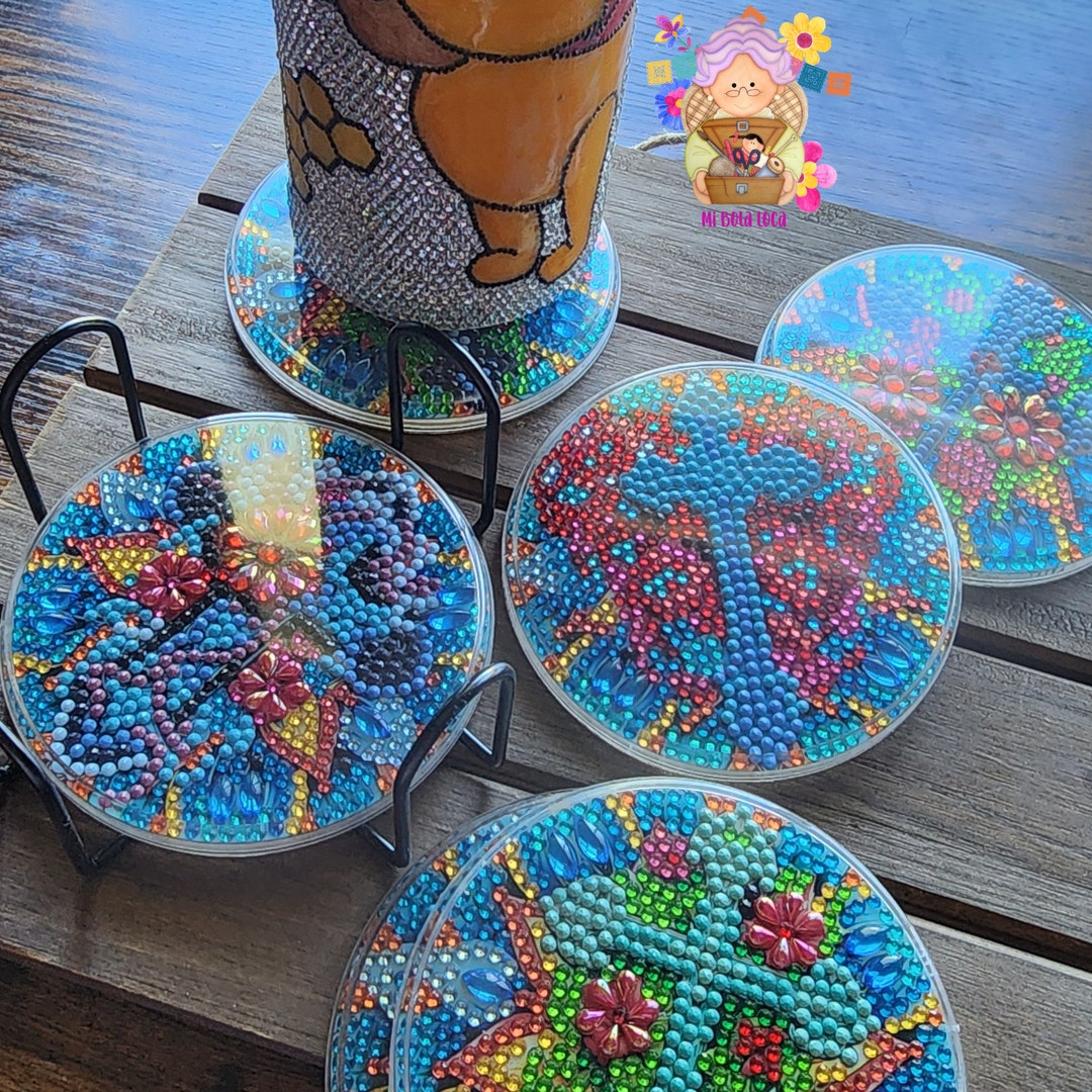 Hand Decorated Diamond Art Coaster Set With Coaster Holder 6 Piece Set ...