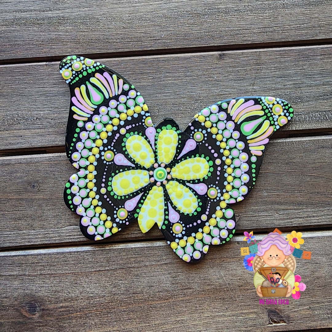 Black and Yellow Whimsical Hand-painted Wooden Butterfly Mandala Dot ...