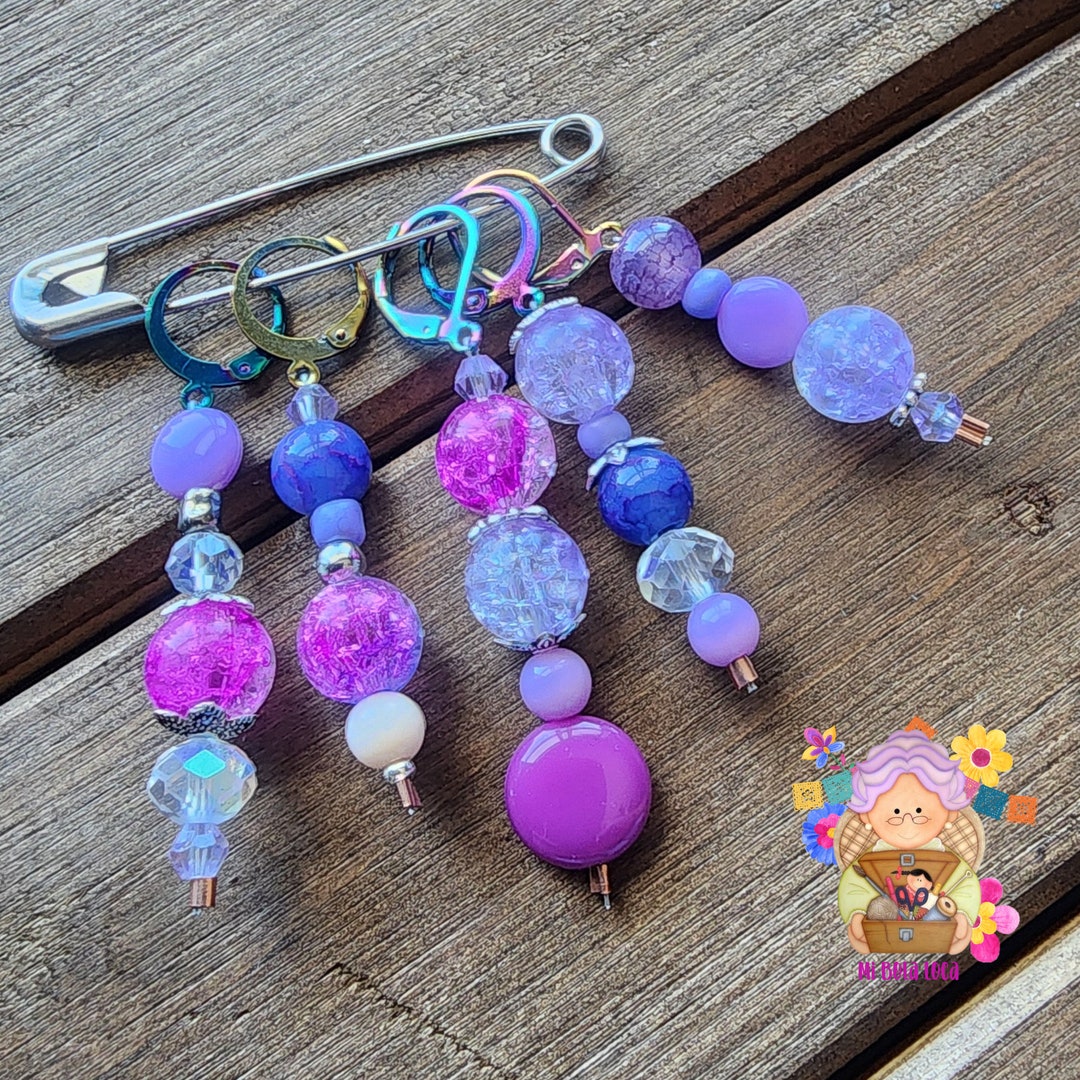 Stitch Marker Set of 5 Purple Lever Back Hook Beaded crochet and Knit ...