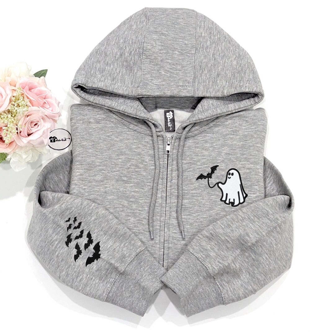 Embroidered Halloween Zip-up Hoodie: Ghost & Bat, Spooky Full Zip ...