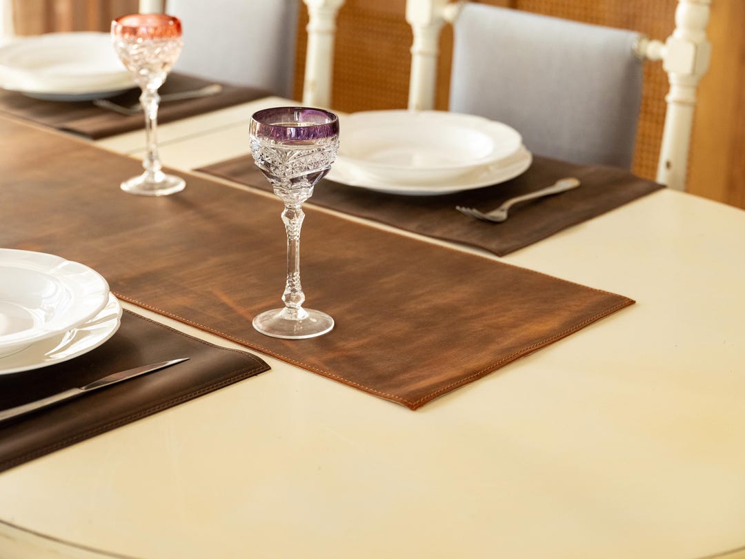 Distressed Leather Runner & Placemats Set, Handmade Table Runner and ...