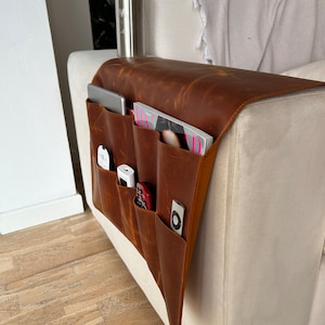 Leather Sofa Armrest Organizer: Handmade Couch Caddy With 7 Pockets for ...