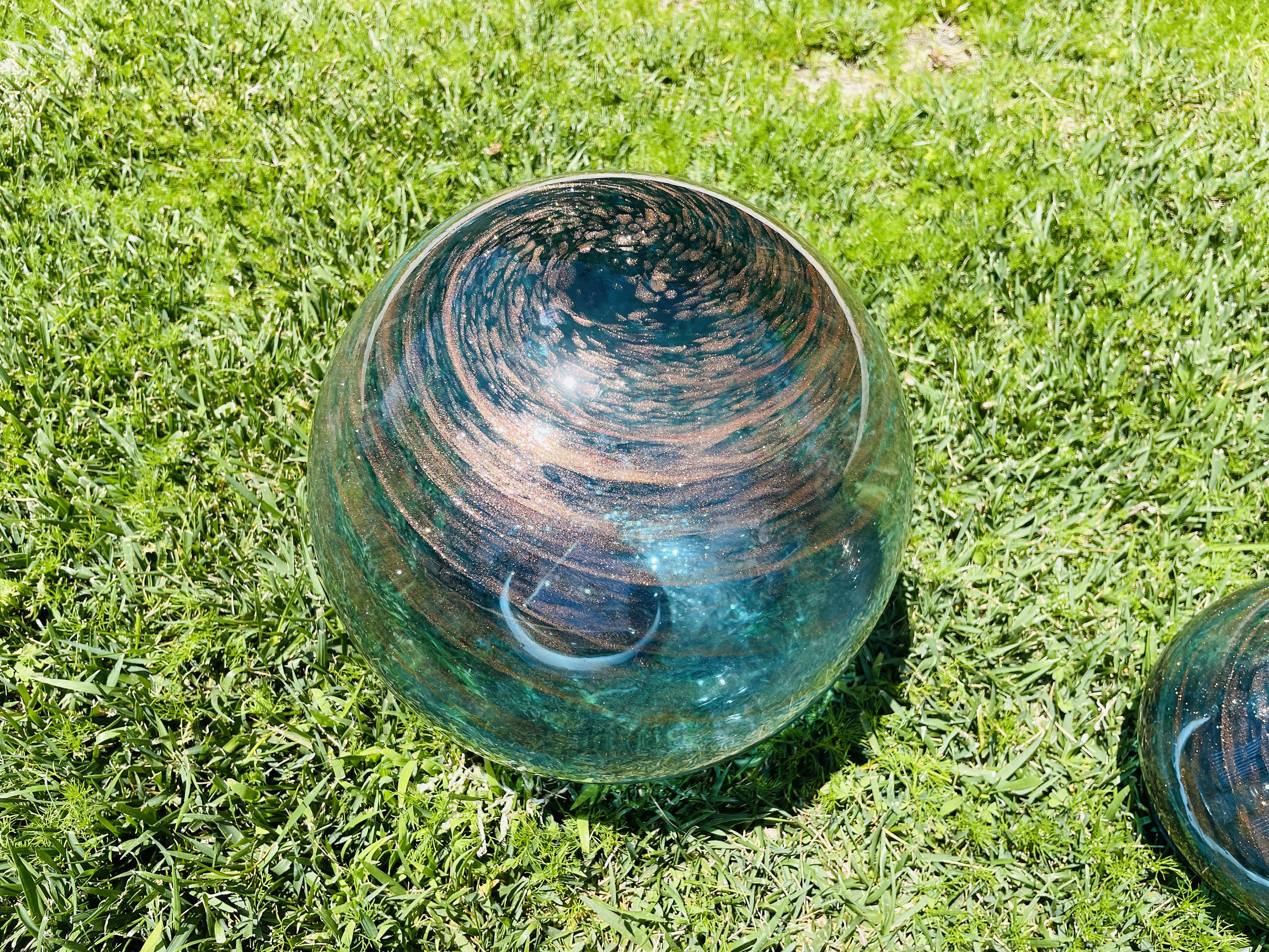 Hand Blown Art Glass Gaze Ball, Solar LED, Blue & Gold Glitter（6” or 10 ...