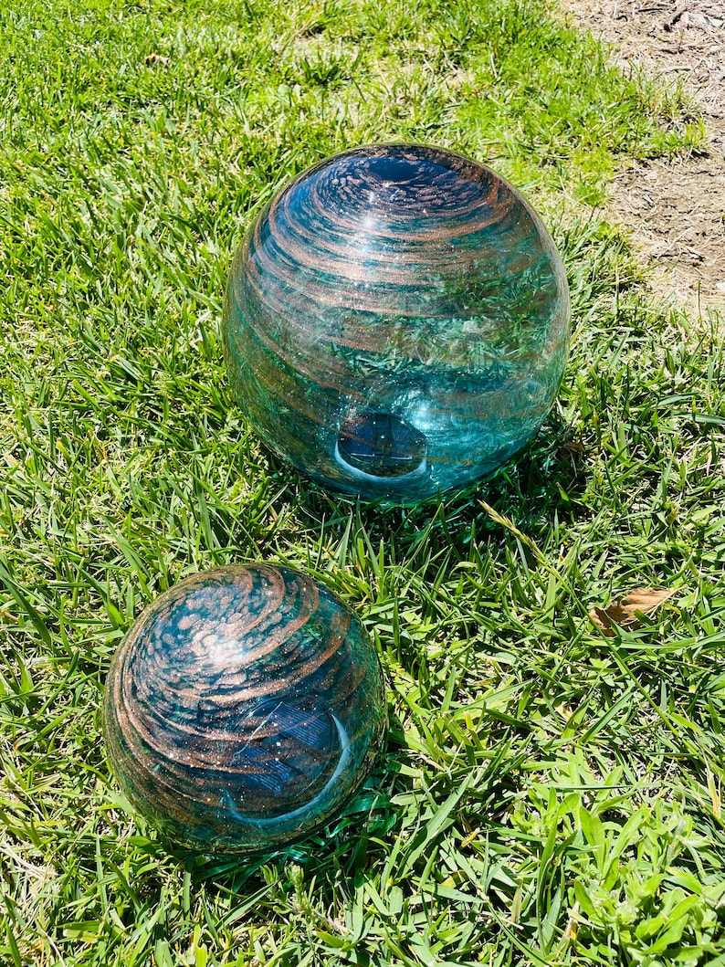 Hand Blown Art Glass Gaze Ball - Blue & Gold Glitter, Solar LED Light ...