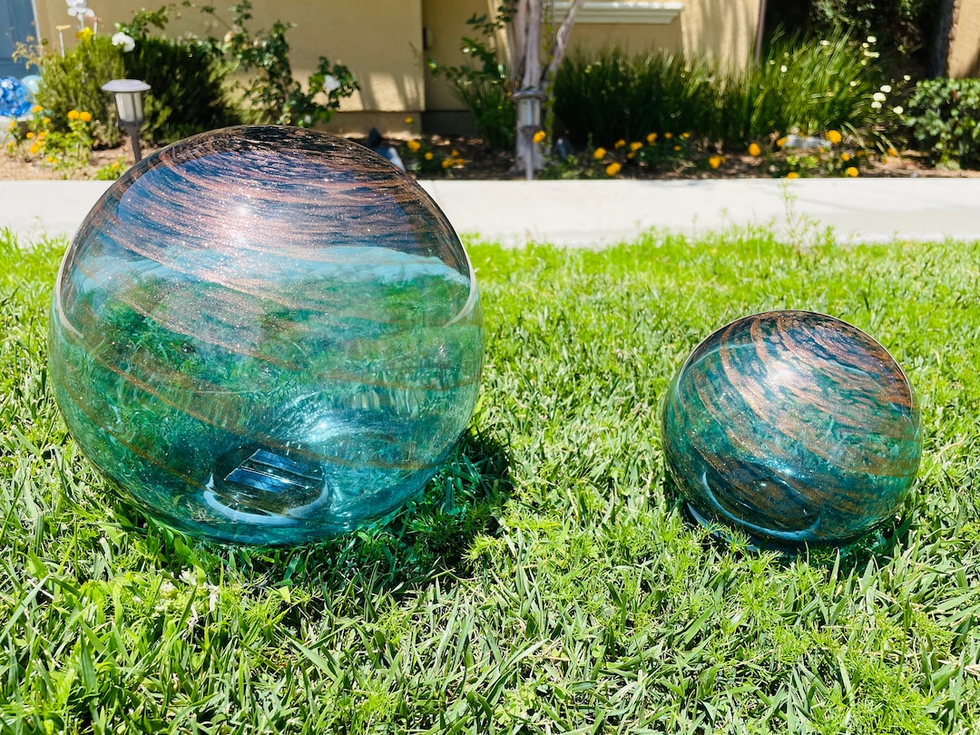 Hand Blown Art Glass Gaze Ball - Blue & Gold Glitter, Solar LED Light ...