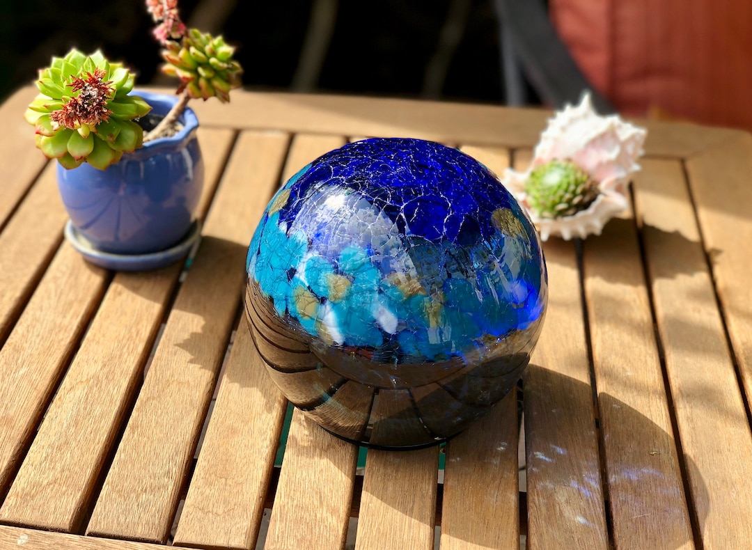 6" Hand Blown Art Glass Solar LED Gaze Ball - Dark Blue - Etsy
