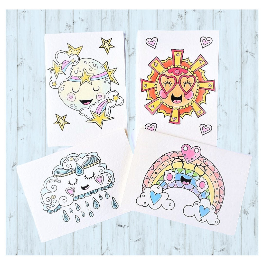 Set of Weather Greeting Cards Sun, Moon, Cloud and Rainbow Designs - Etsy