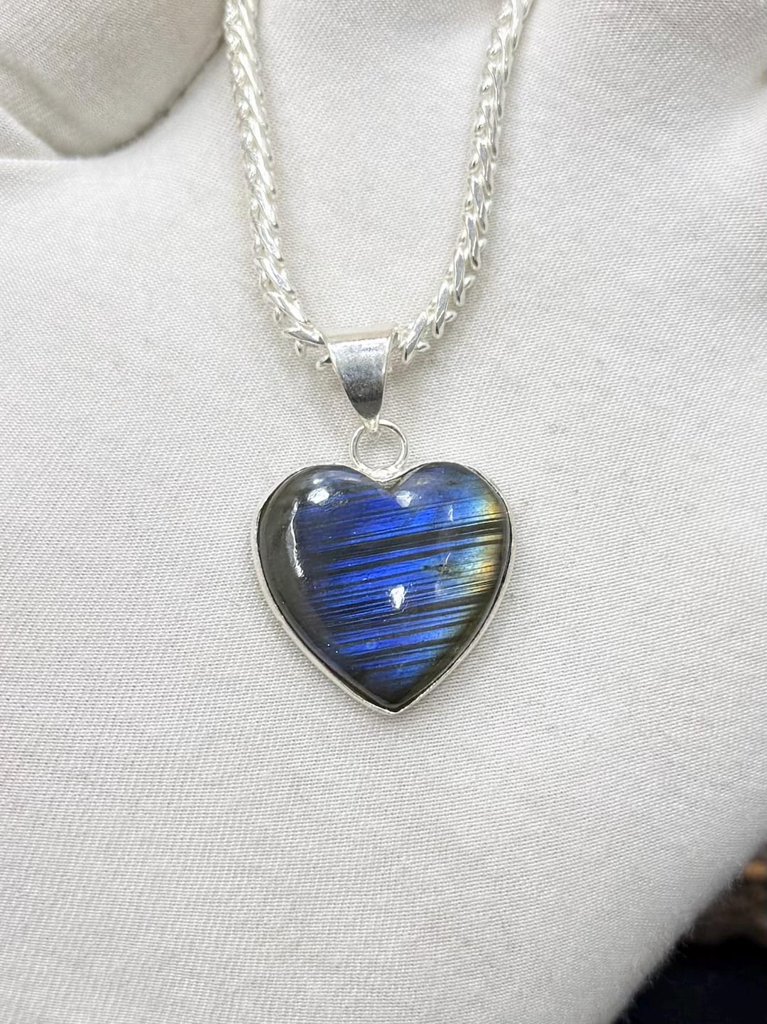 Blue Natural Labradorite Heart Pendant Necklace, 925 Sterling Silver ...