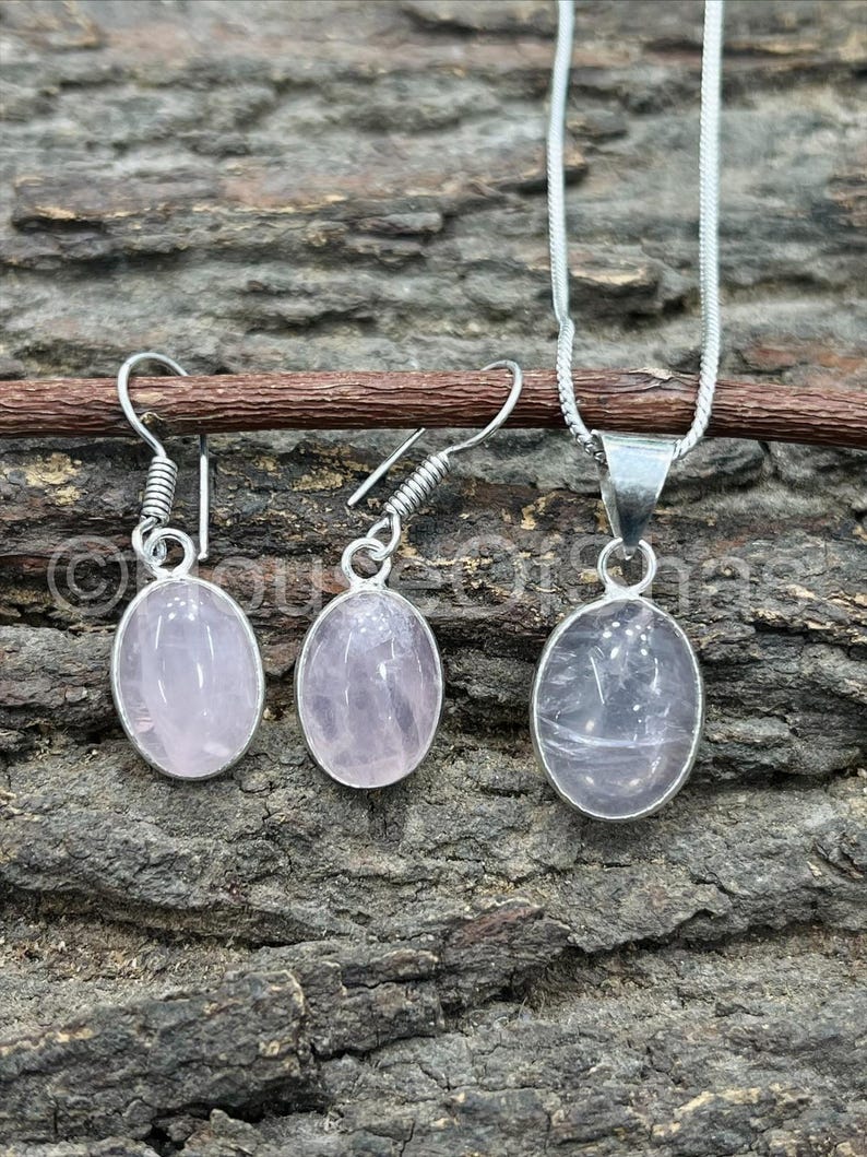 Rose Quartz Jewelry Set, 925 Sterling Silver Plating, Silver Pendant ...