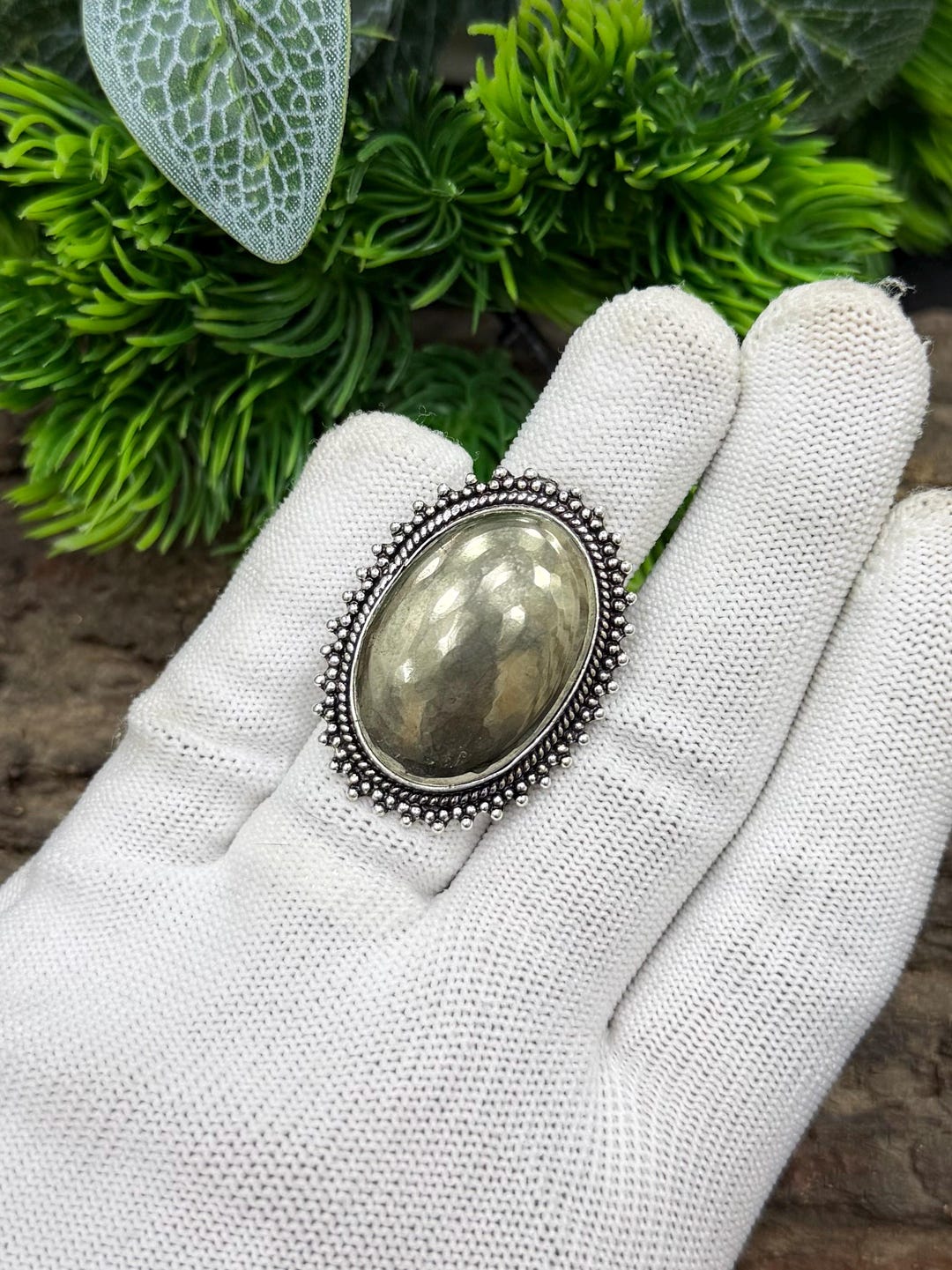Pyrite Gemstone Unique Border Design Ring, 925 Sterling Silver Plated ...
